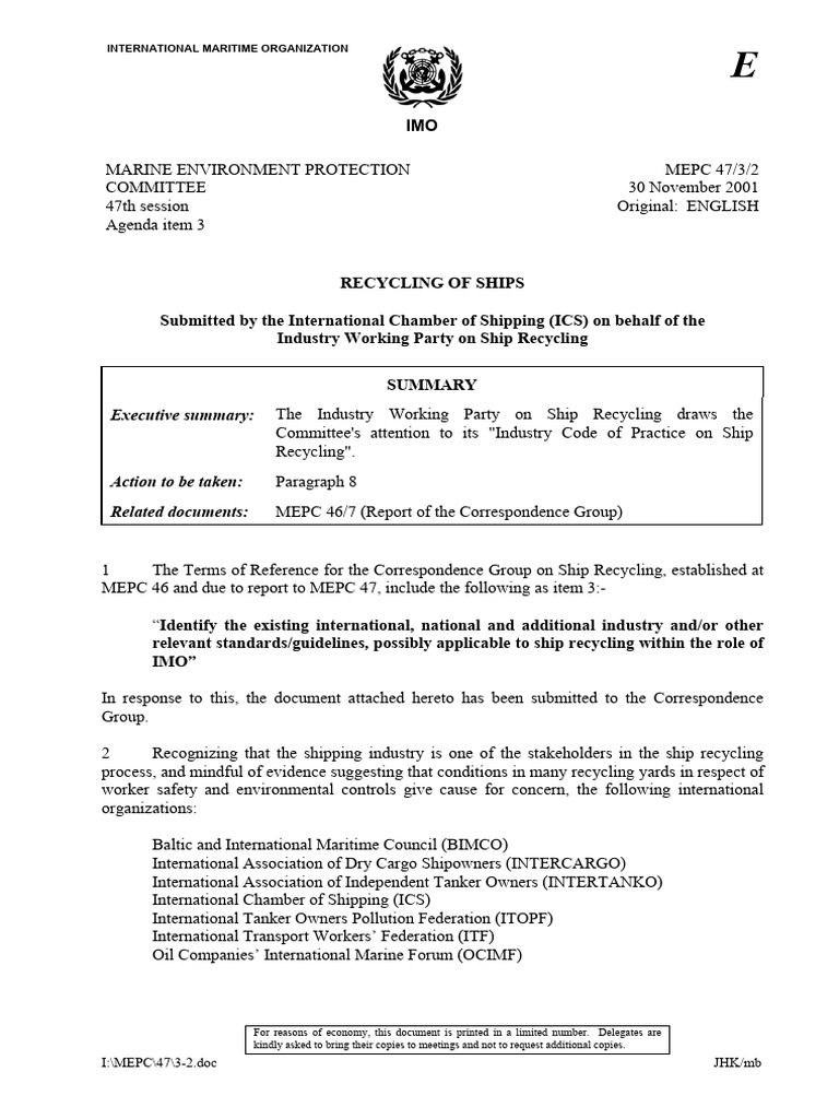 MEPC 47-3-2 - Recycling of Ships (ICS On Behalf of The Indu... ) | PDF | Recycling | Procurement