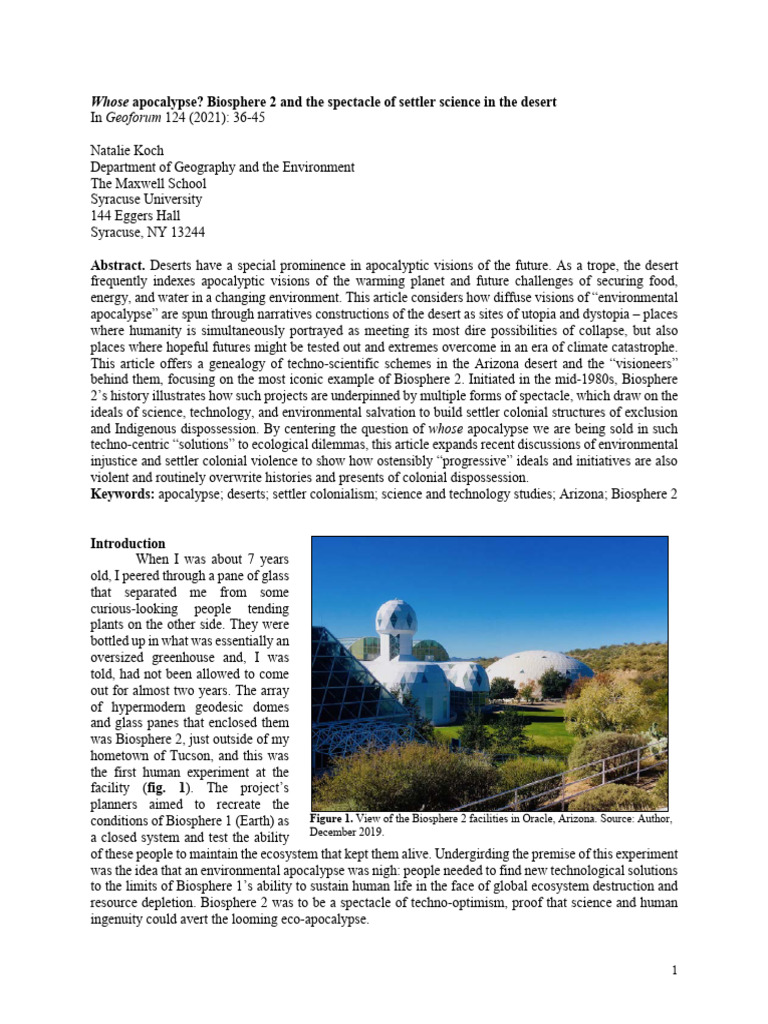 Biosphere 2: Settler Science and Apocalypse | PDF