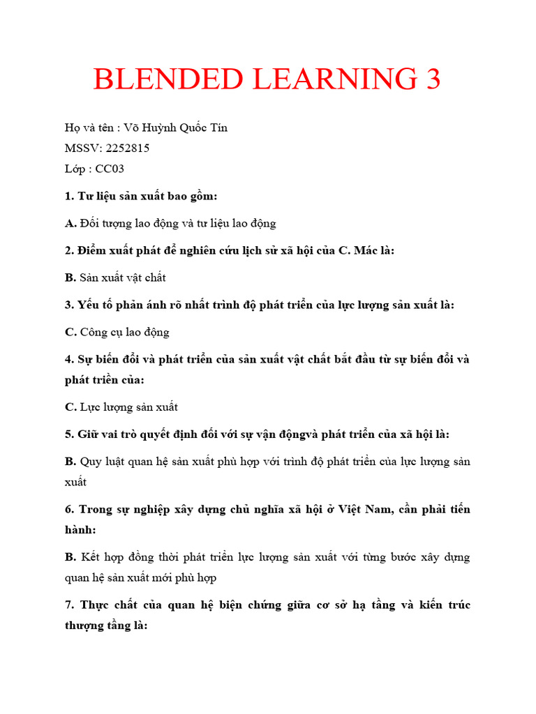BT BLENDED LEARNING 3 - Võ Huỳnh Quốc Tín-2252815 | PDF