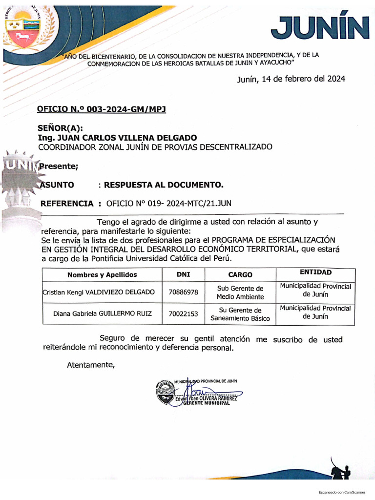 Oficio N.º 003 - Programa de Especialización en Gestión Integral Del Desarrollo Económico ...