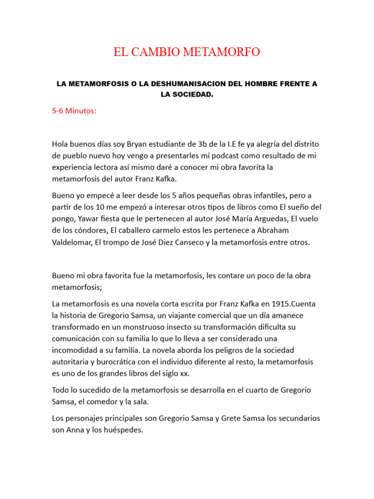 El Cambio Metamorfo (Cambiado) | PDF | La metamorfosis | Franz Kafka