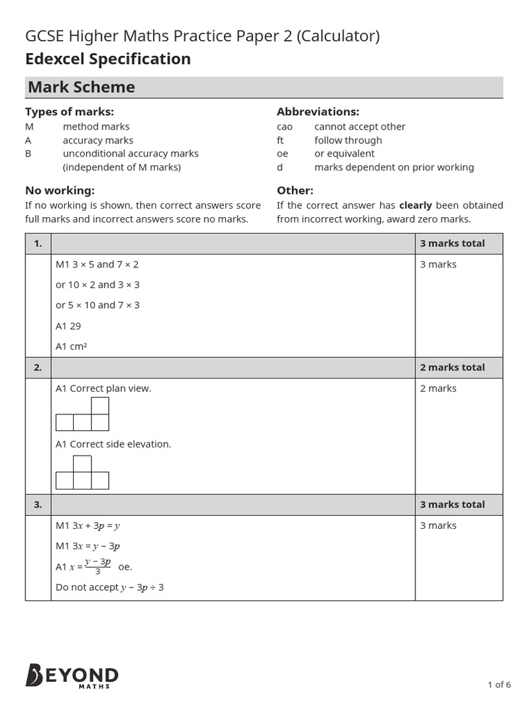 GCSE Higher Maths Practice Paper 2 (Calculator) Mark Scheme | PDF ...