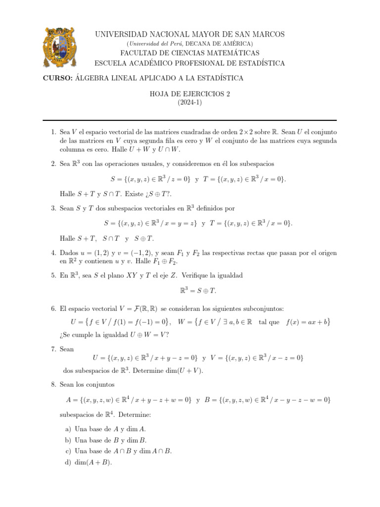 Hoja de Ejercicios 2 | PDF | Mapa lineal | Matriz (Matemáticas)