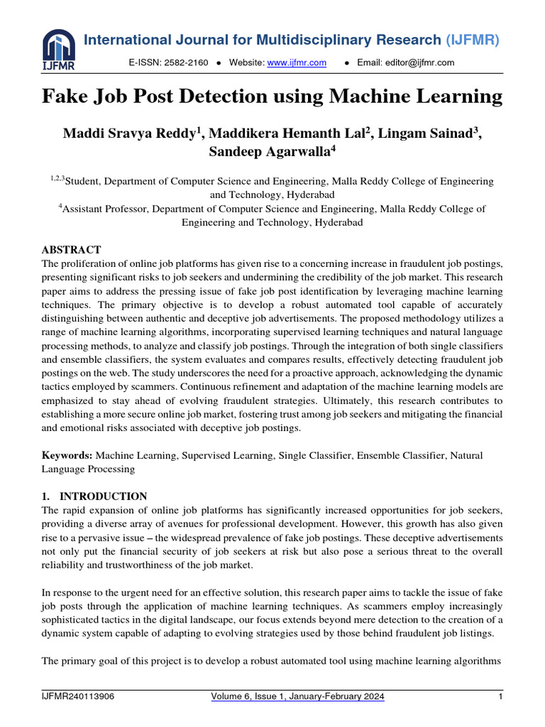 Fake Job Post Detection Using Machine Learning | PDF | Machine Learning | Statistical Classification