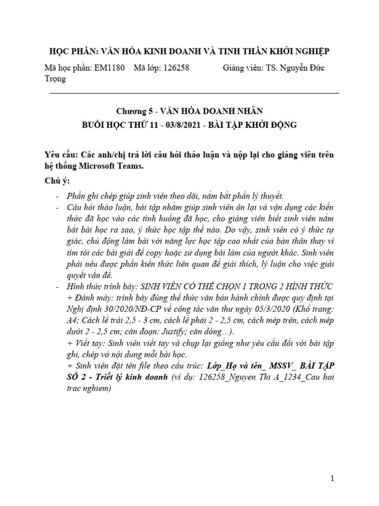 11 126258 0382021 Bai Tap So 7 Tong On Van Hoa Doanh Nghiep | PDF