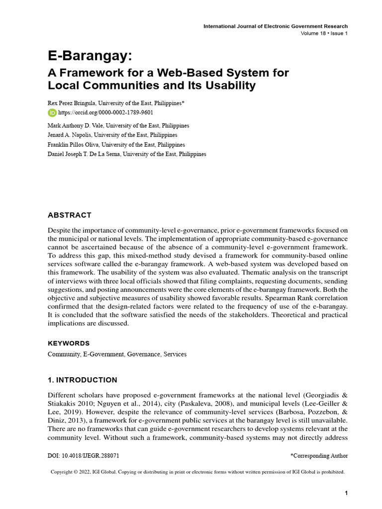 E-Barangay A Framework For A Web-Based System For | PDF | Usability | E ...