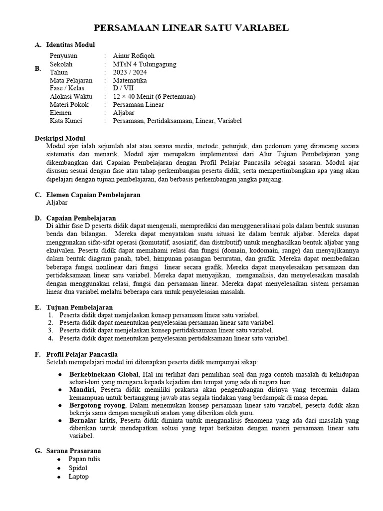 Modul Ajar Persamaan Linear Satu Variabel | PDF