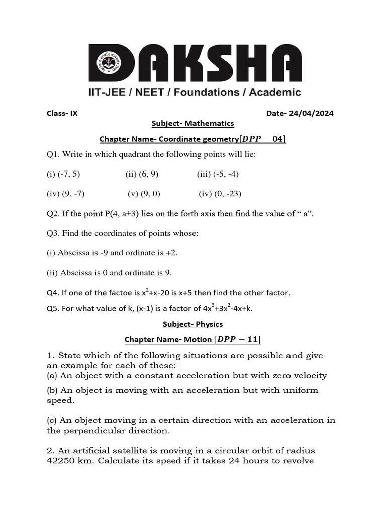Class 9 Cbse DPP 24.04.24 | PDF