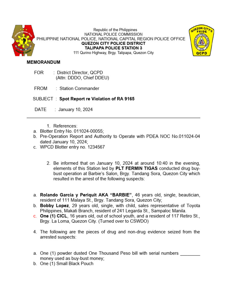 Drug Bust Operation Report - Quezon City | PDF | Arrest | Metro Manila