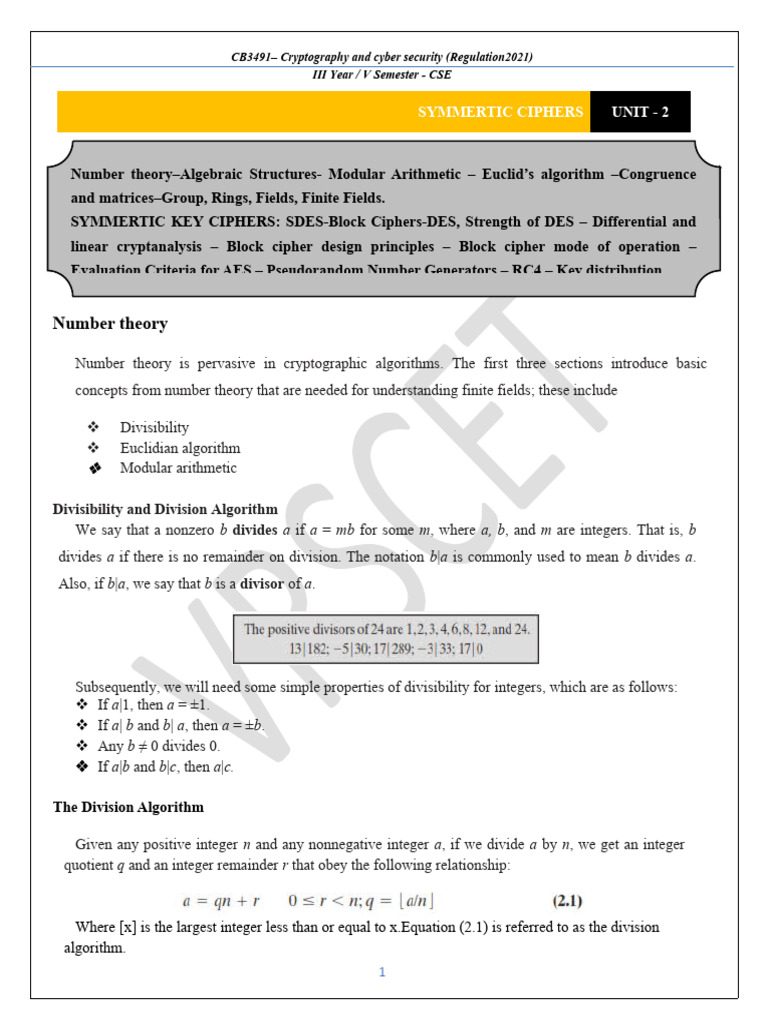 UNIT II SYMMETRIC CIPHERS Notes | PDF | Group (Mathematics) | Field ...