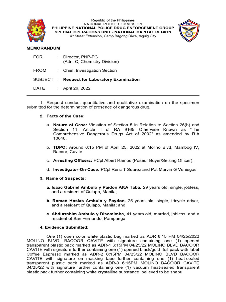 Request-For-Laboratory-Exam-aka-tabaramos | PDF | Law Enforcement | Crime & Violence