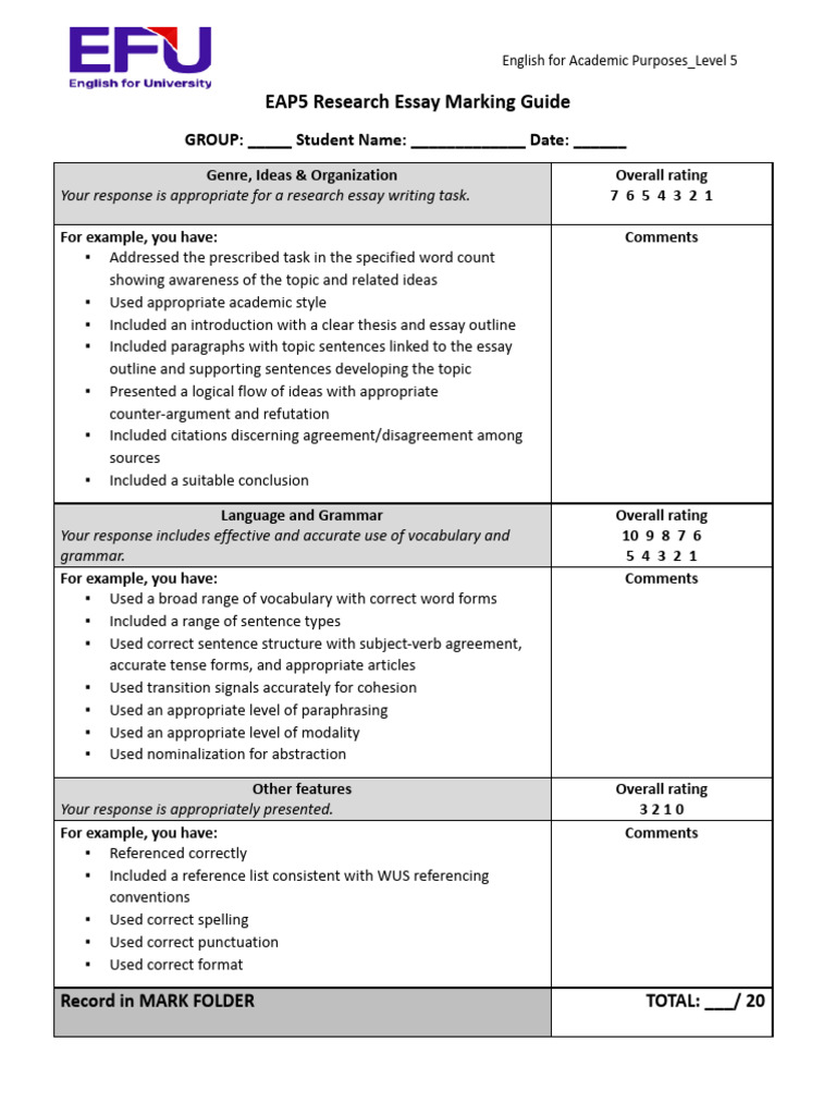 EAP5 Research Essay Marking Guide | PDF