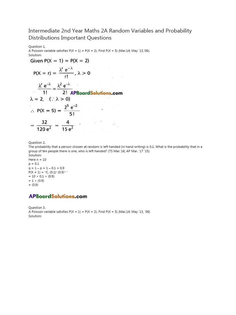 Maths 2A Random Variables and Probability Distributions Important Questions | PDF | Probability ...