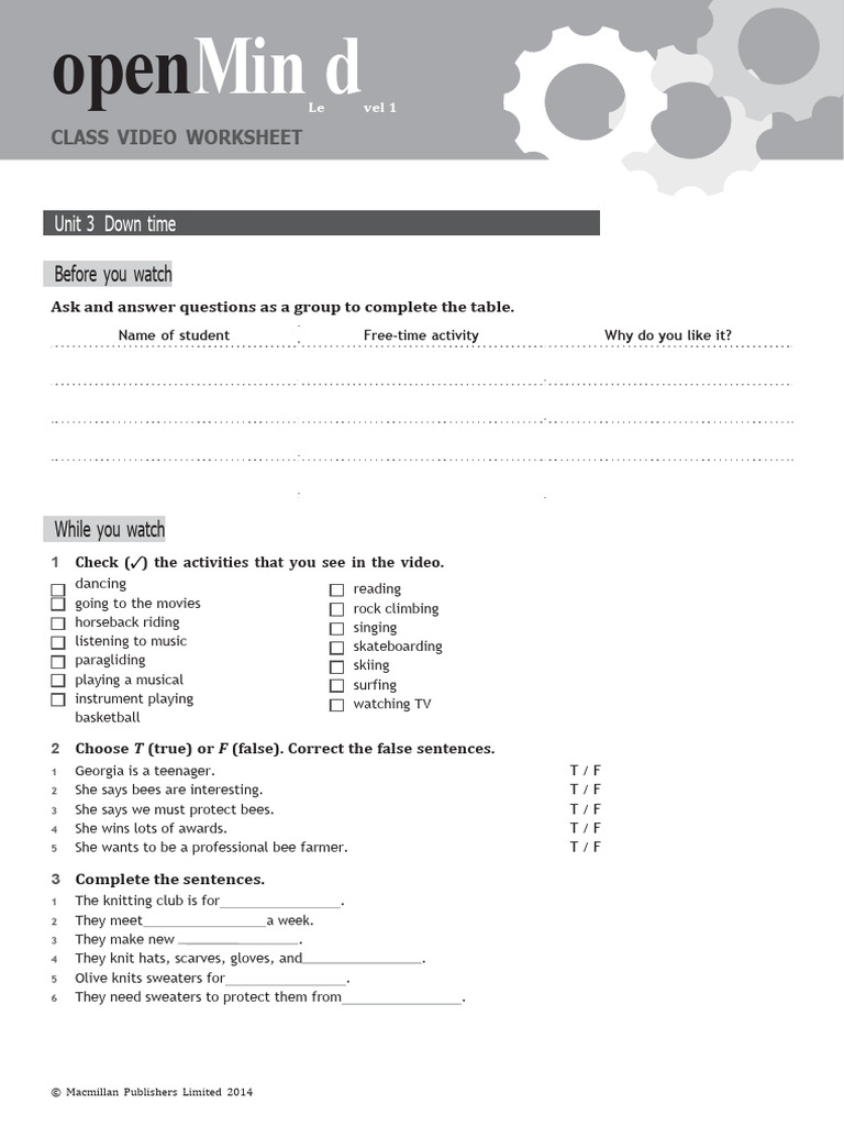 OpenMind 1 Unit 3 Class Video Worksheet | PDF