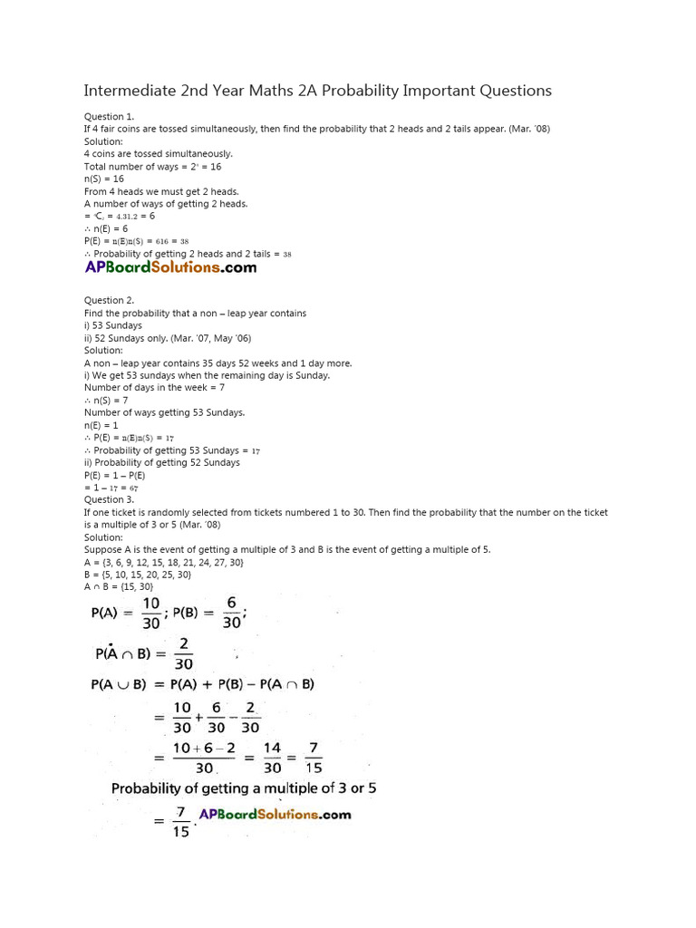Maths 2A Probability Important Questions | PDF | Probability | Probability Theory