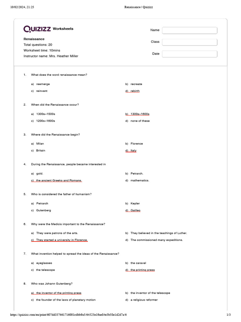 Renisance Quiz 1 | Download Free PDF | Renaissance | Martin Luther