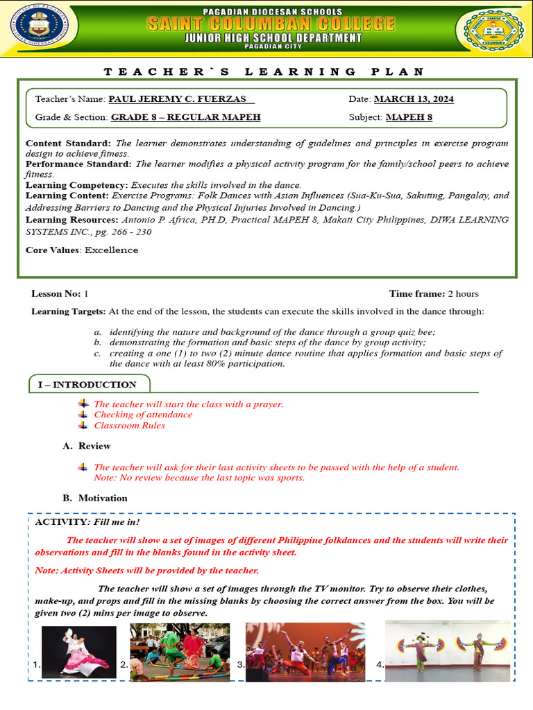 LESSON PLAN - MAPEH 8 - Folk Dance | PDF | Teachers | Dances