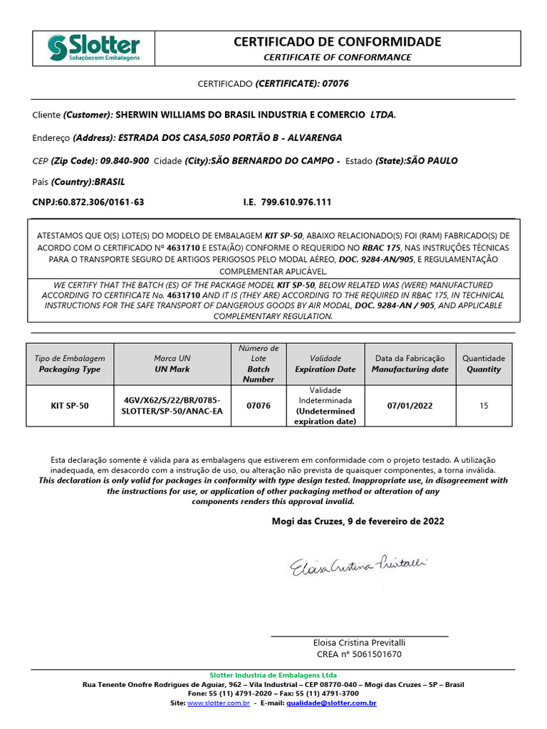 Certificado de Conformidade - Sherwin-07076 | PDF