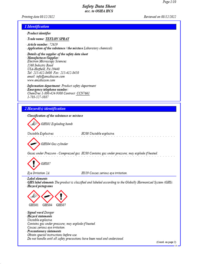 1 Identification: Acc. To OSHA HCS | PDF | Chemistry | Safety