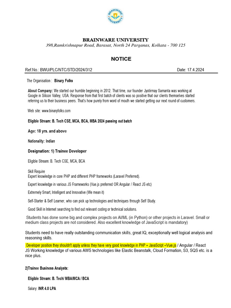 Campus Drive Notice Binary Folks-B. Tech CSE, MCA, BCA, MBA | PDF | Marketing Strategy | Information