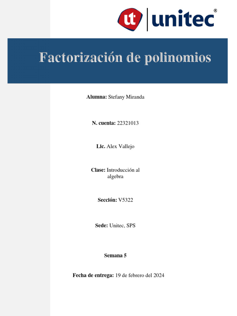Ejercicios para Tarea 5.1 Factorización de Polinomios DUV | PDF