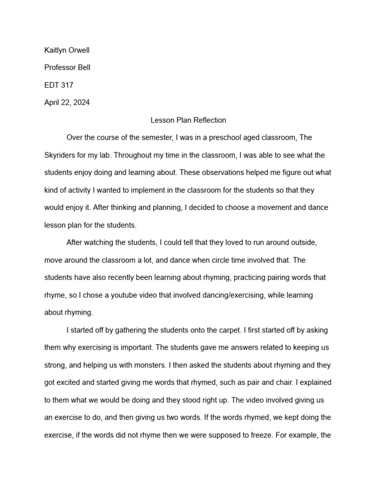 lesson plan reflection 1 | PDF | Classroom | Cognition