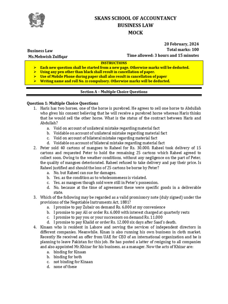 CAF 4 BLW Mock QP | PDF | Negotiable Instrument | Private Law