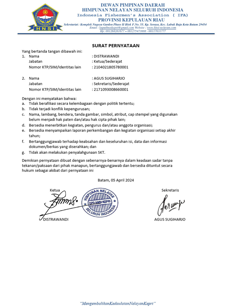 SURAT PERNYATAAN SKT HNSI | PDF