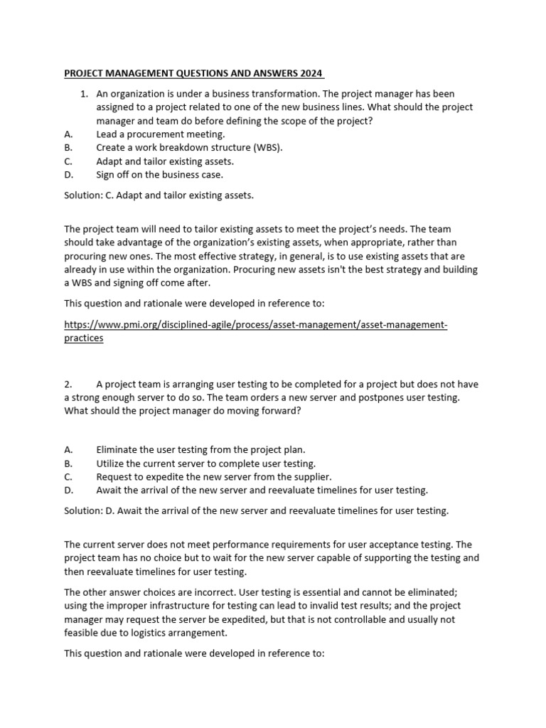 Project Management Questions and Answers 2024 | PDF | Risk | Scrum ...