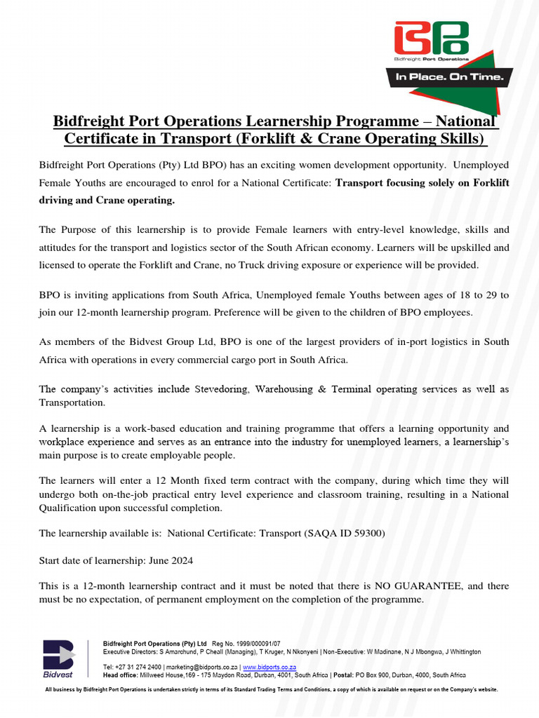 Learnership Advert - National Certificate in Transport (Forklift ...