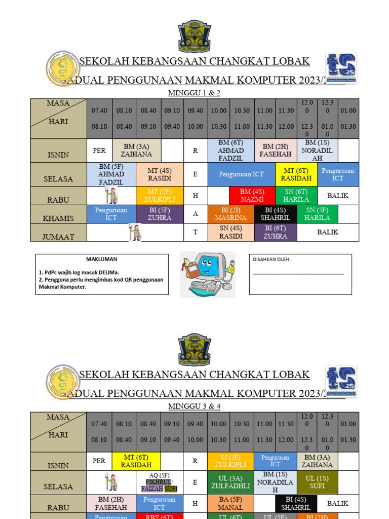 JADUAL MAKMAL KOMPUTER 2023 Kali Ke 2 | PDF
