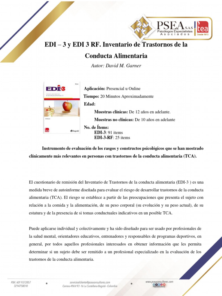 Ficha Técnica EDI 3 y EDI 3 RF. Inventario de Trastornos de La Conducta Alimentaria | PDF ...