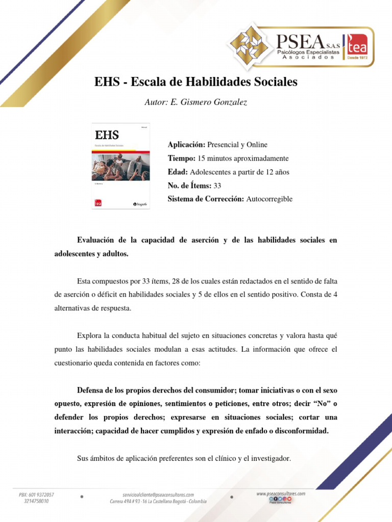 Ficha técnica EHS - Escala de Habilidades Sociales | PDF