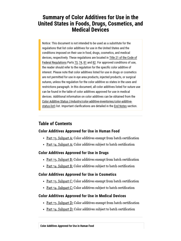 Summary of Color Additives For Use in The United States in Foods, Drugs ...
