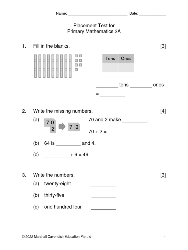 Primary Math 2A Placement Test | PDF | Mathematics | Arithmetic