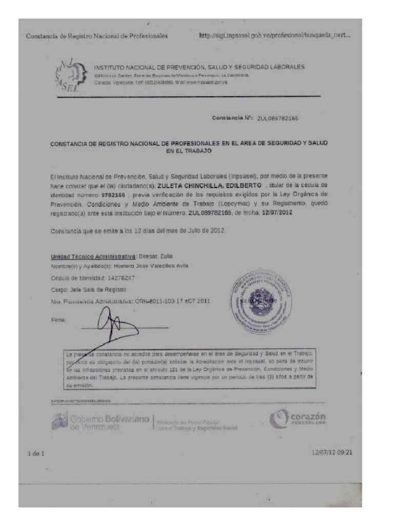 Registro Del Inpsasel Zuleta | PDF