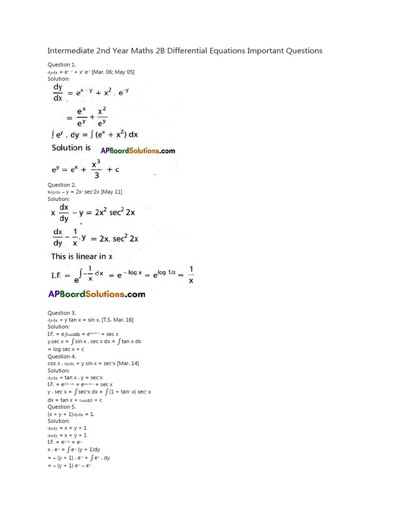 Maths 2B Differential Equations Important Questions | PDF | Equations ...