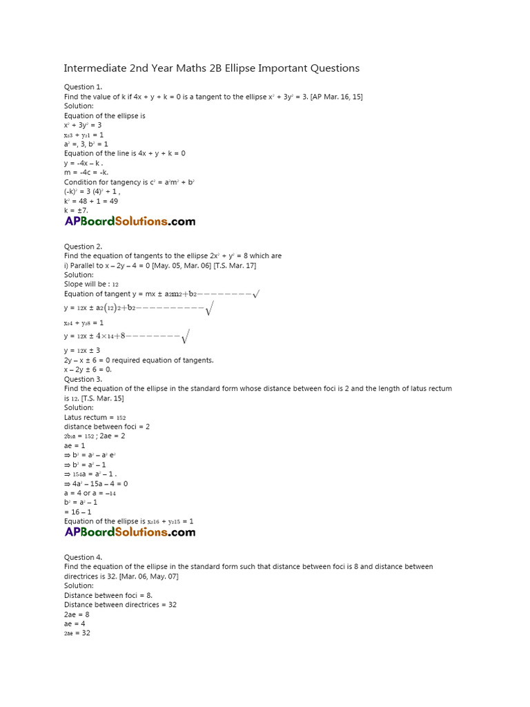 Maths 2B Ellipse Important Questions | Download Free PDF | Ellipse ...