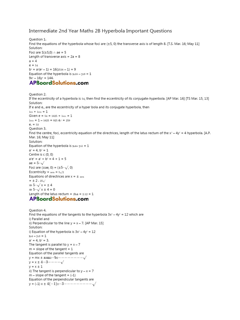 Important Hyperbola Questions for 2B | PDF | Tangent | Perpendicular