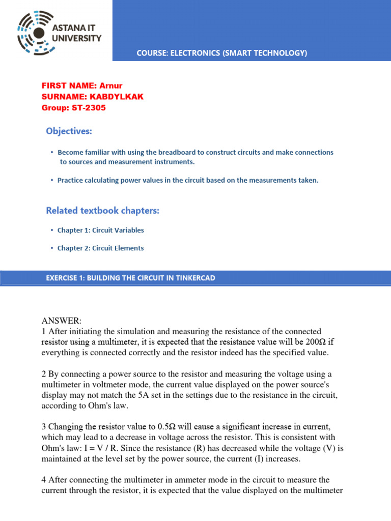 Electronics Lab 2 Kabdylkak Arnur ST-2305 | PDF | Resistor | Electrical ...