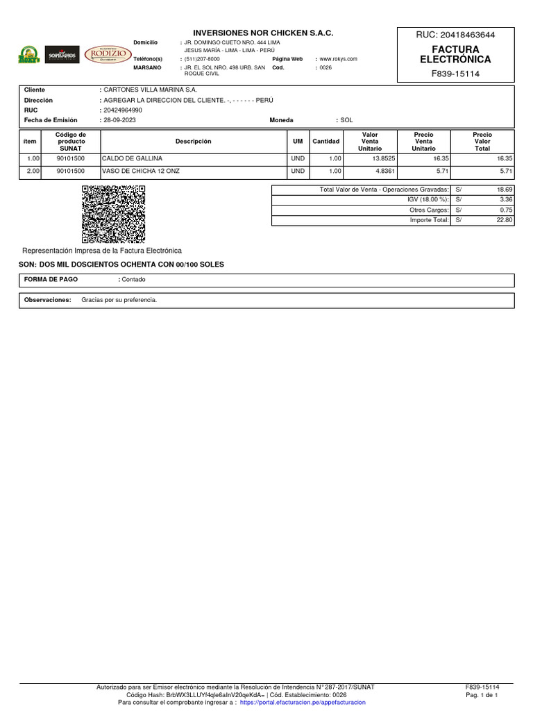 Factura Electrónica: Inversiones Nor Chicken S.A.C | PDF | Tecnología ...