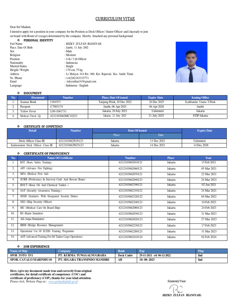 Deck Officer CV of Rizky Zulfan Riansyah | PDF | Shipping | Water Transport