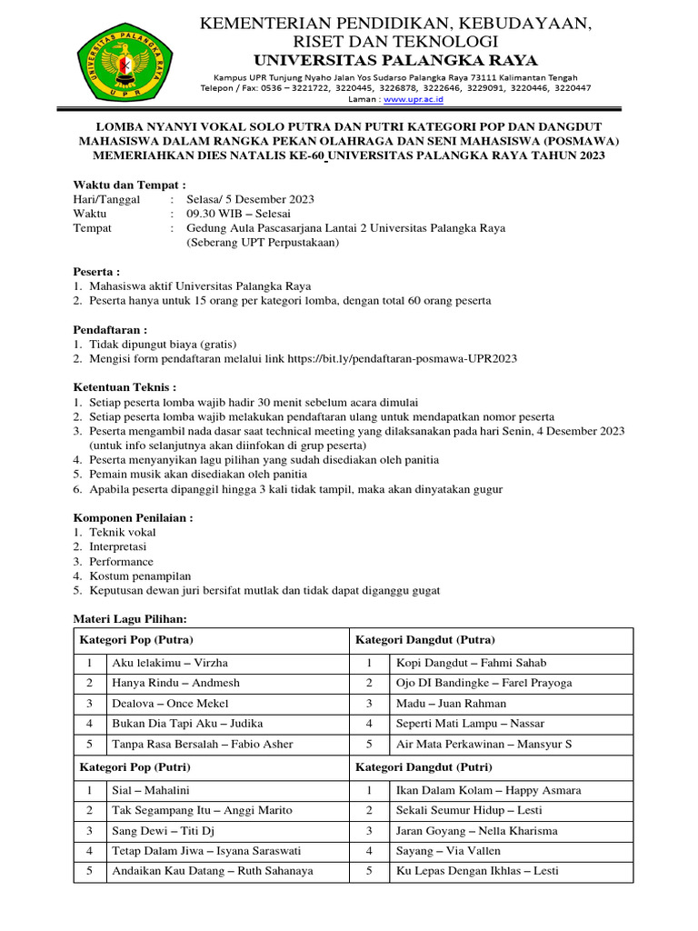 Lomba Nyanyi Vokal Solo Mahasiswa UPR | PDF | Seni