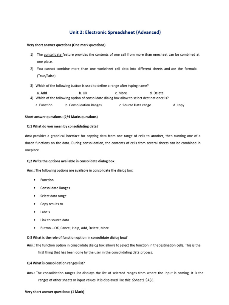 PART B UNIT 2- Electronic Spreadsheet Advanced | PDF | Spreadsheet | Hyperlink