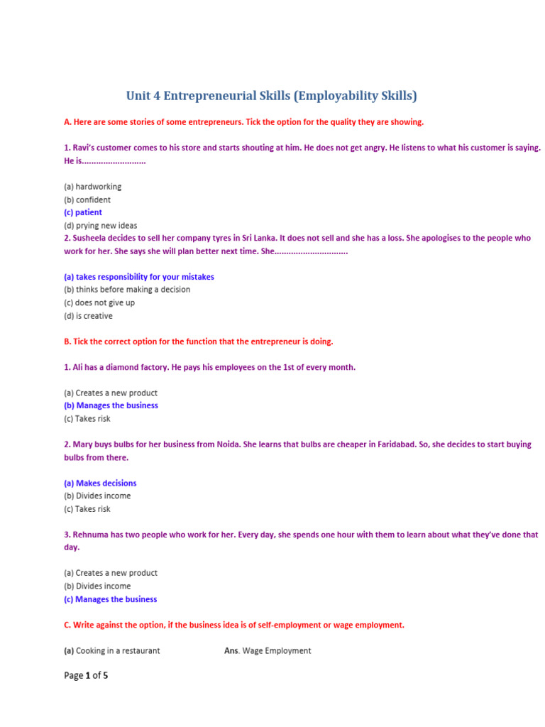 PART A UNIT 4- Entrepreneurial Skills | PDF | Entrepreneurship ...