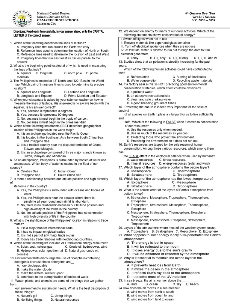4th Quarter Pre Test Science 7 | PDF | Atmosphere Of Earth | Solar Eclipse
