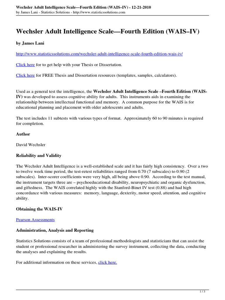 Wechsler Adult Intelligence Scale Fourth Edition Wais IV | PDF ...