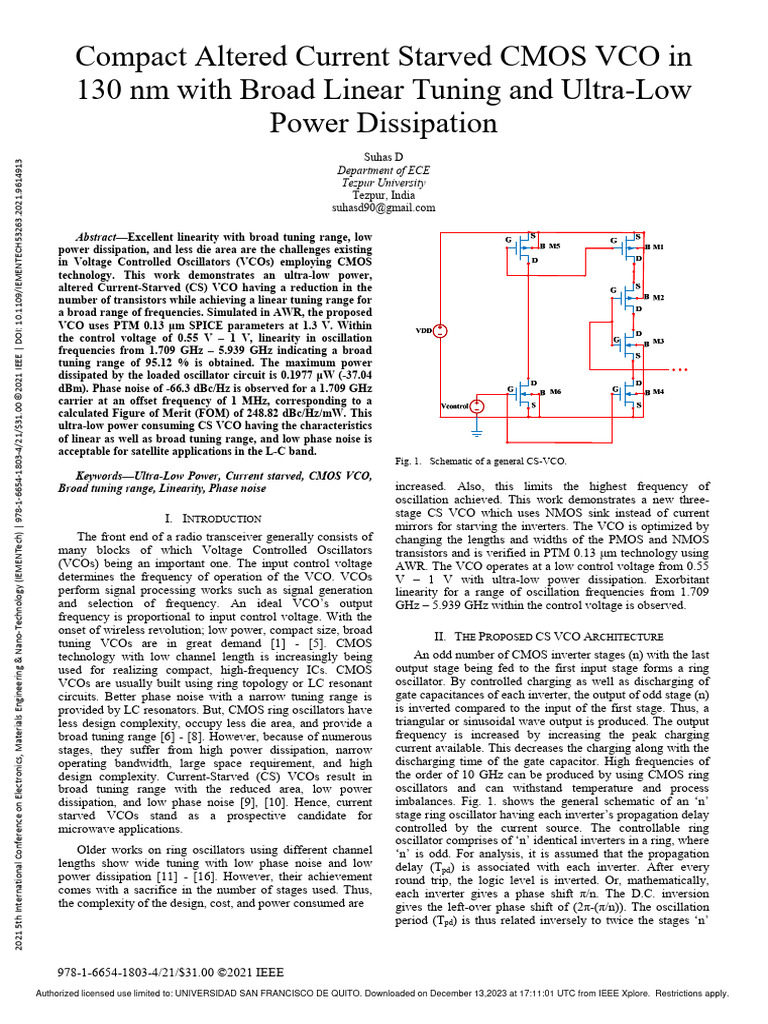 Ultra-Low Power Current Starved VCO | PDF | Cmos | Mosfet