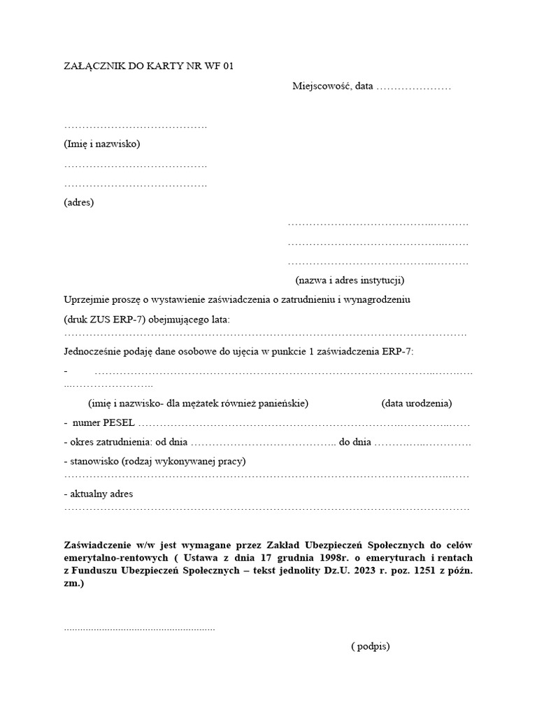 Wniosek-Wystawienie Zaświadczenia o Zatrudnieniu I Wynagrodzeniu ZUS Rp-7 | PDF