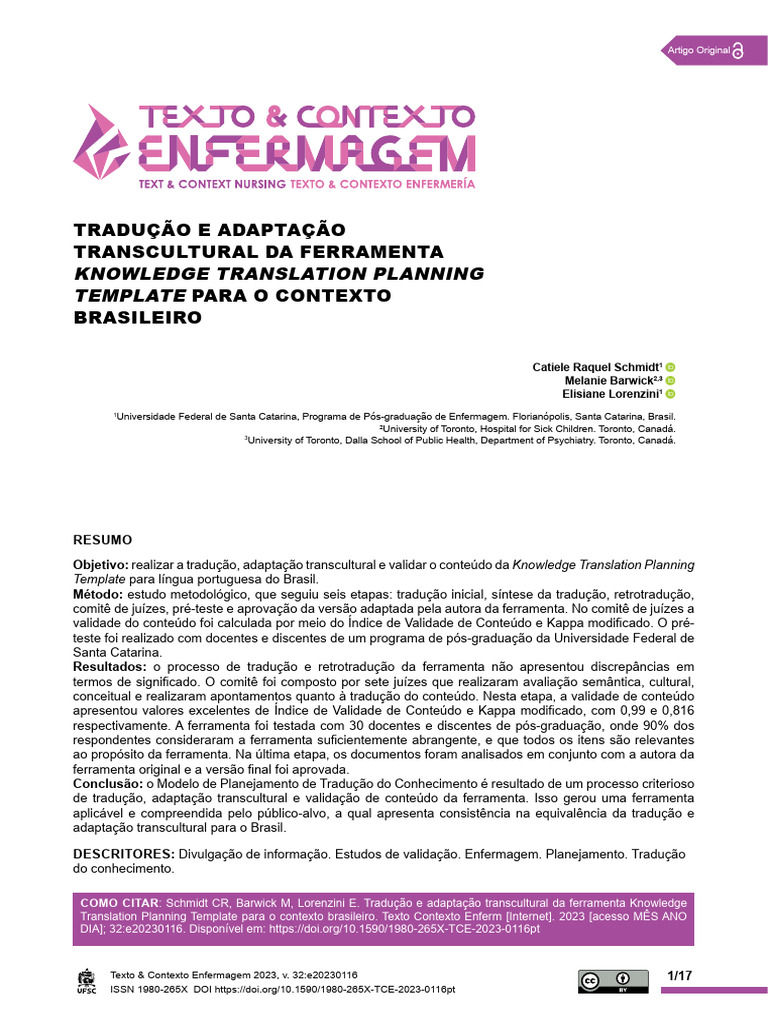 Tradução e Adaptação Transcultural Da Ferramenta Knowledge Translation ... Tradução e Adaptação Transcultural Da Ferramenta Knowledge Translation ...
